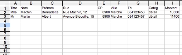 Module 3 Bureautique : Excel-Calc (Bases) - Exercice : 5 Fichier client simple